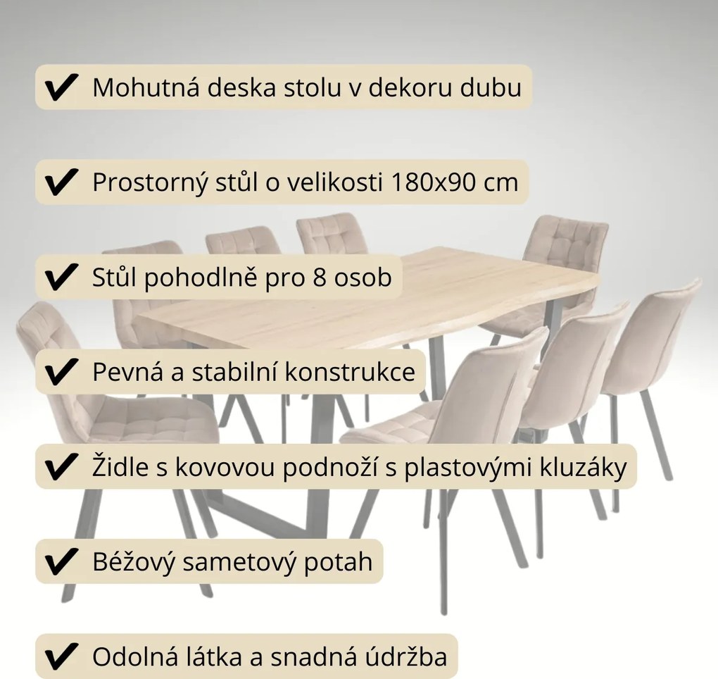 Vikio Jídelní set pro 8 osob 180x90 cm dub noha U béžová židle VJS158-8BE-S