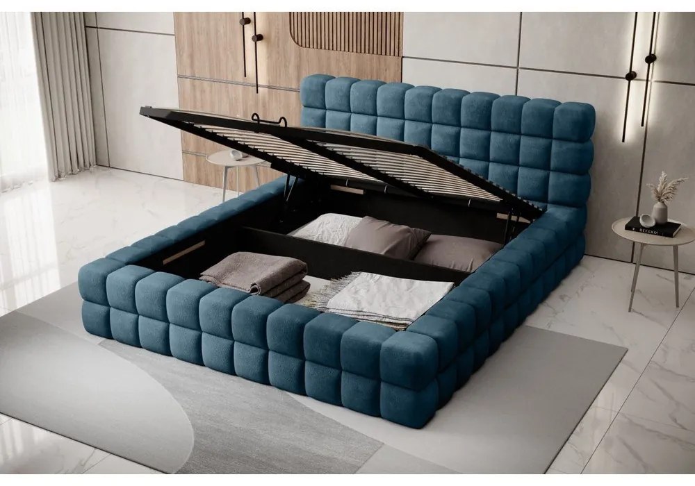 Modrá čalouněná dvoulůžková postel s úložným prostorem s roštem 160x200 cm Dizzle – ELTAP