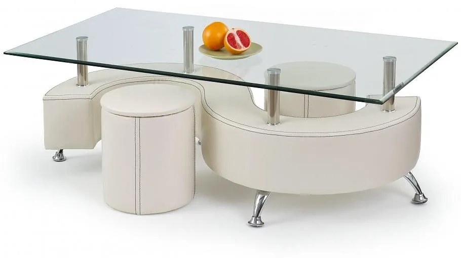 Skleněný konferenční stolek s taburety Ronen 3, bílá