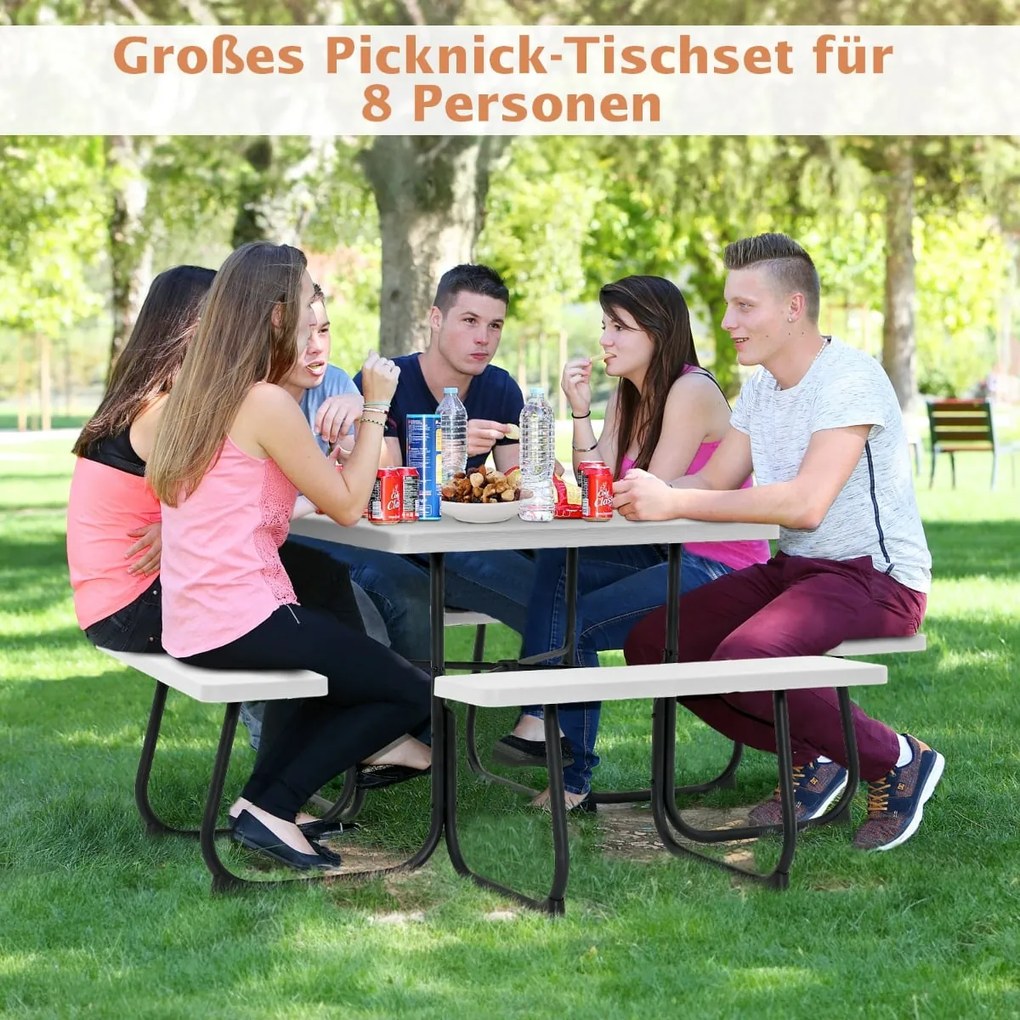 Costway Kulatý piknikový stůl s 4 lavicemi a otvorem na deštník pro 8 – bílý