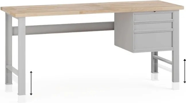 Výškově nastavitelný dílenský stůl G7, buková spárovka, 2000 x 800 x 840-1040 mm, 1x kontejner, 3 zásuvky, šedá