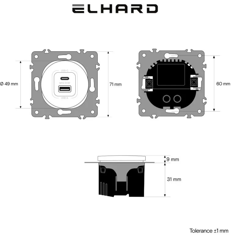Elhard Kulatá USB A+C zásuvka Rondo 20W, bílá RD2033W