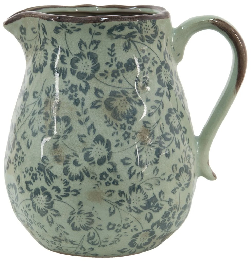 Zelený dekorační džbán s modrými květy Minty - 16*13*15 cm