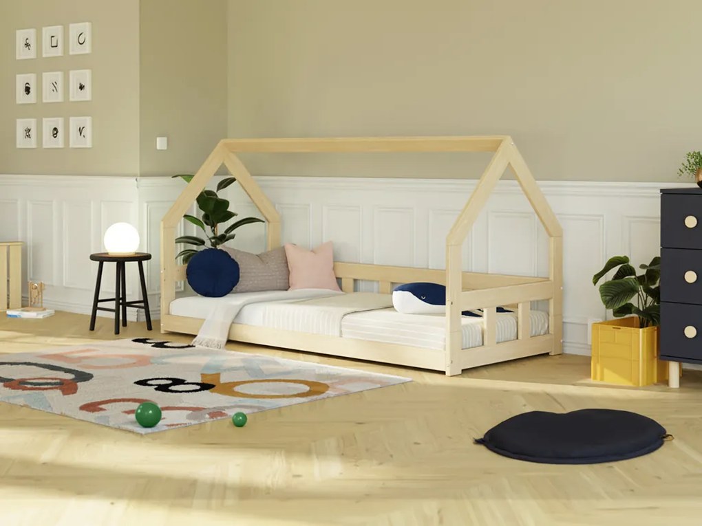 Benlemi Nízká domečková postel pro děti FENCE 6v1 se zábranou Zvolte barvu: Béžová, Zvolte rozměr: 90x160 cm, Zvolte zábranu: S otevřeným vstupem