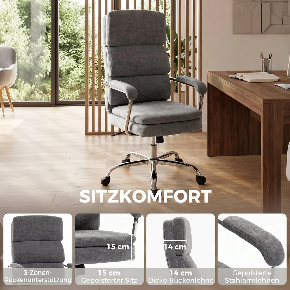 HOMCOM ergonomická kancelářská židle z chenillu s polstrovanými loketními opěrkami, nastavitelná výška a sklon, 360° otočná, šedá