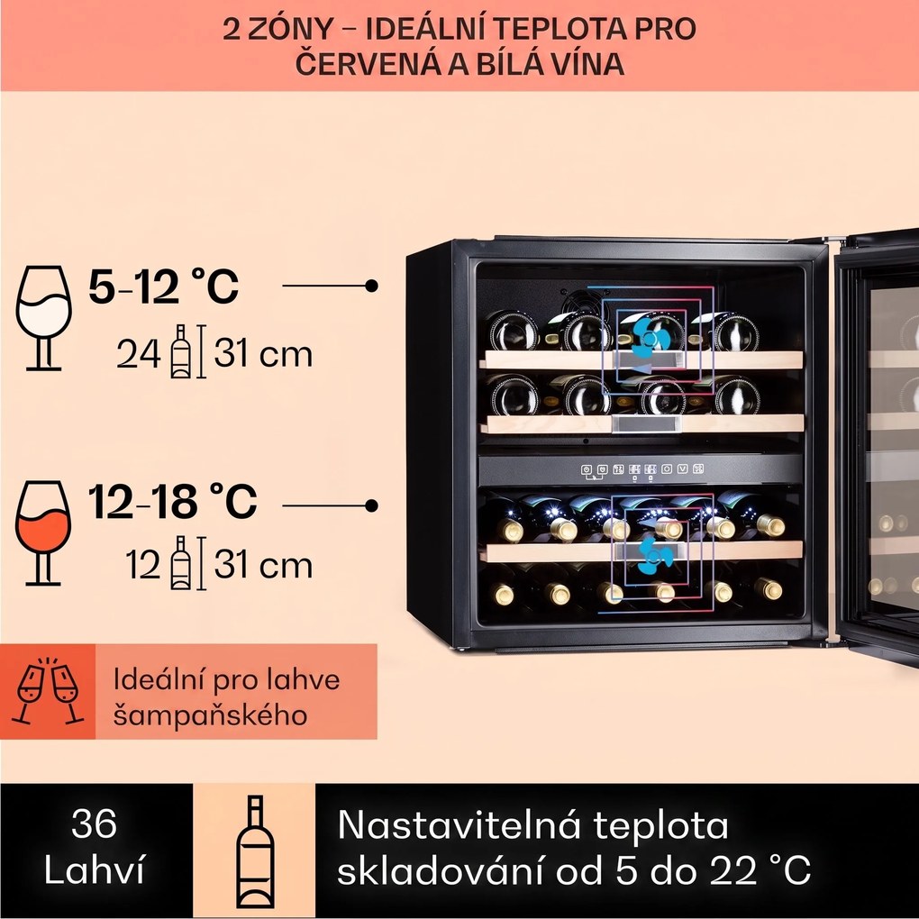 Klarstein Vinsider 36 Quartz Edition, vinotéka, 85 l, 2 zóny, 5-22 °C