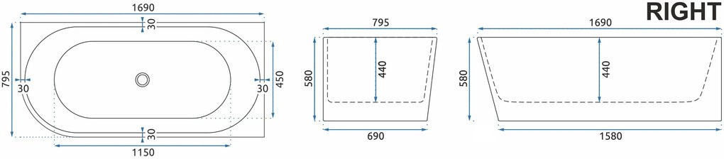 Asymetrická akrylátová vana s krycím panelem REA SYDNEY BELLANTO Pravá 170x80 cm, bílý, sifon Click-Clack - bílý