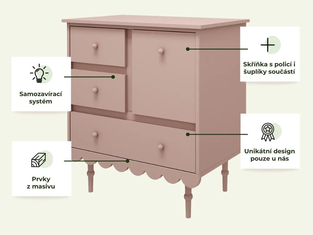 Nízká úložná komoda do dětského pokoje BABUSHKA korálová