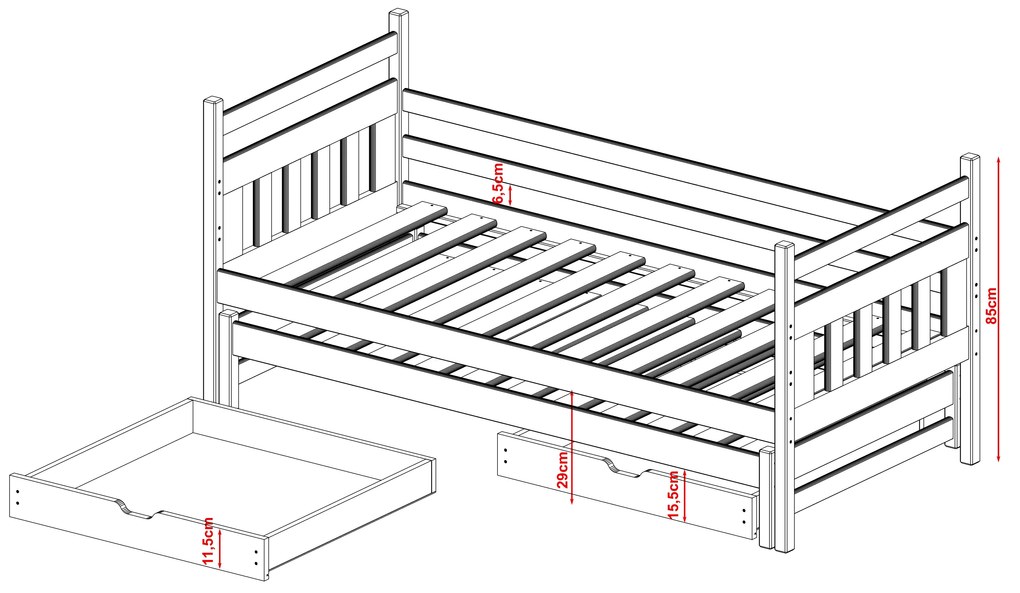 Dětská postel z masivu borovice DAN s přistýlkou a šuplíky - 200x90 cm - přírodní