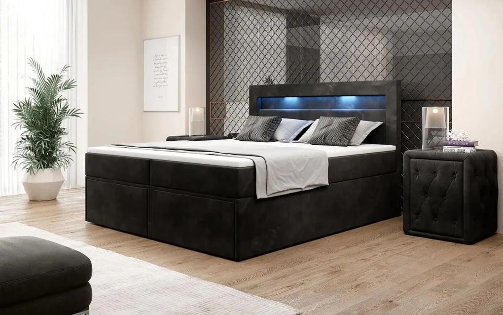 Boxspring postel AMELIE s úložným prostorem a LED, samet Velikost postele: 140 × 200 cm, Barvy sametu: Černý samet, Výběr matrace: Taštičková zónová…