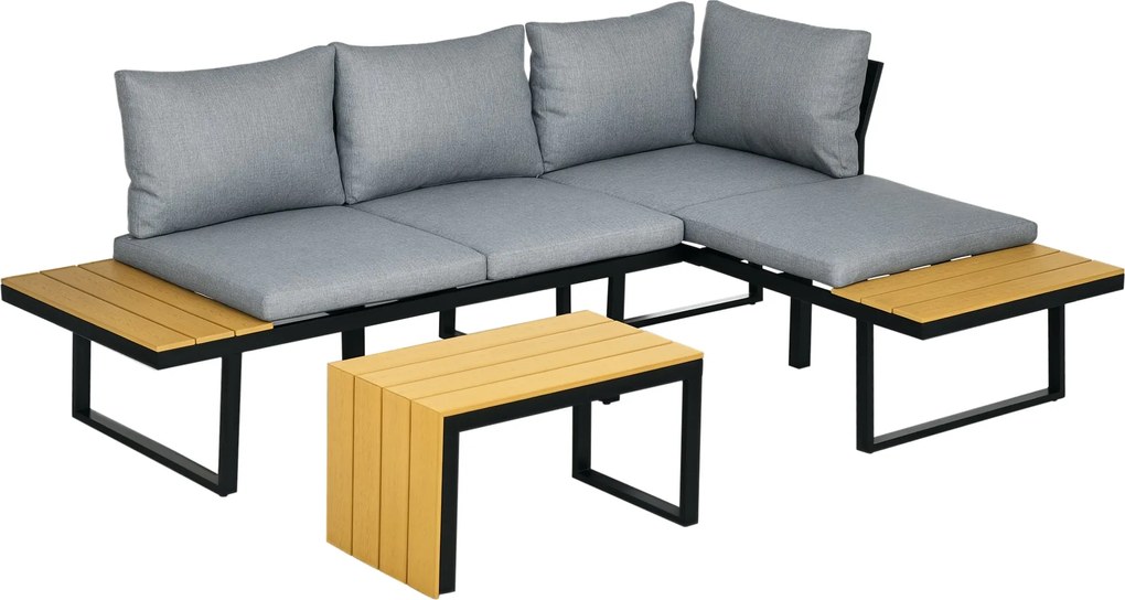 Zahradní nábytek Outsunny 3 dílná sada, balkónový nábytek se sedacími polštáři, zahradní lounge set s rohovou sedačkou, dvojitou sedačkou a konferenčn