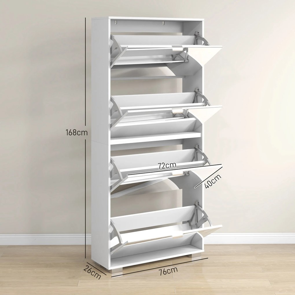 HOMCOM 2-in-1 Botník se Zrcadlovými Dveřmi, 4 Klopové Dveře, Nastavitelné Policie, Úsporný, 76L x 26W x 168H cm Bílý | Aosom