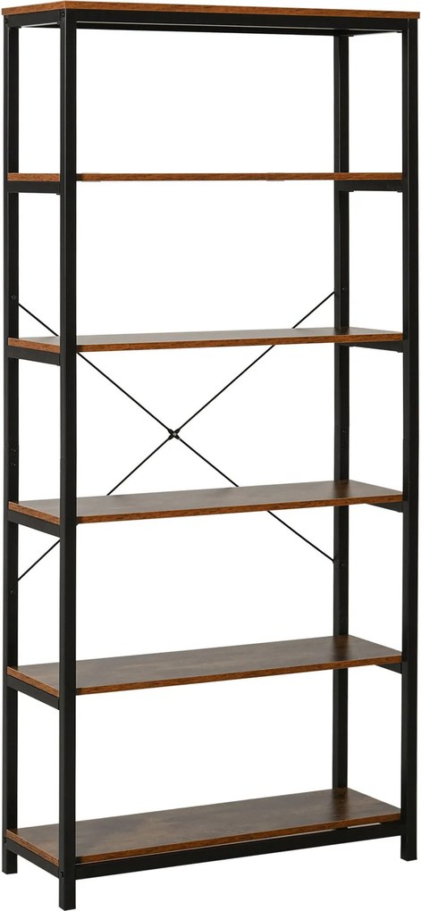 HOMCOM Retro Knihovna v Průmyslovém Stylu s 6 Otevřenými Policemi pro Knihy a Protipádovým Systémem pro Obývací Pokoj a Kancelář 80x30x180 cm v Rusti…
