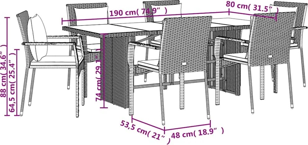 7dílný zahradní jídelní set s poduškami černý polyratan 3213498