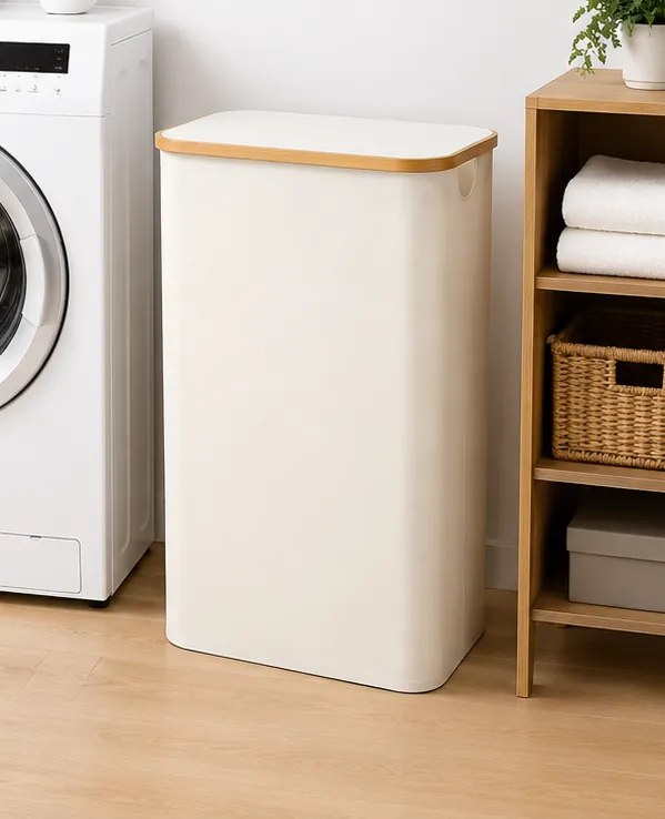 koš na prádlo, objem 60 l, s víkem, oxford/bambus, 66x41x22 cm, béžová/přírodní, Dekorino KP20260010