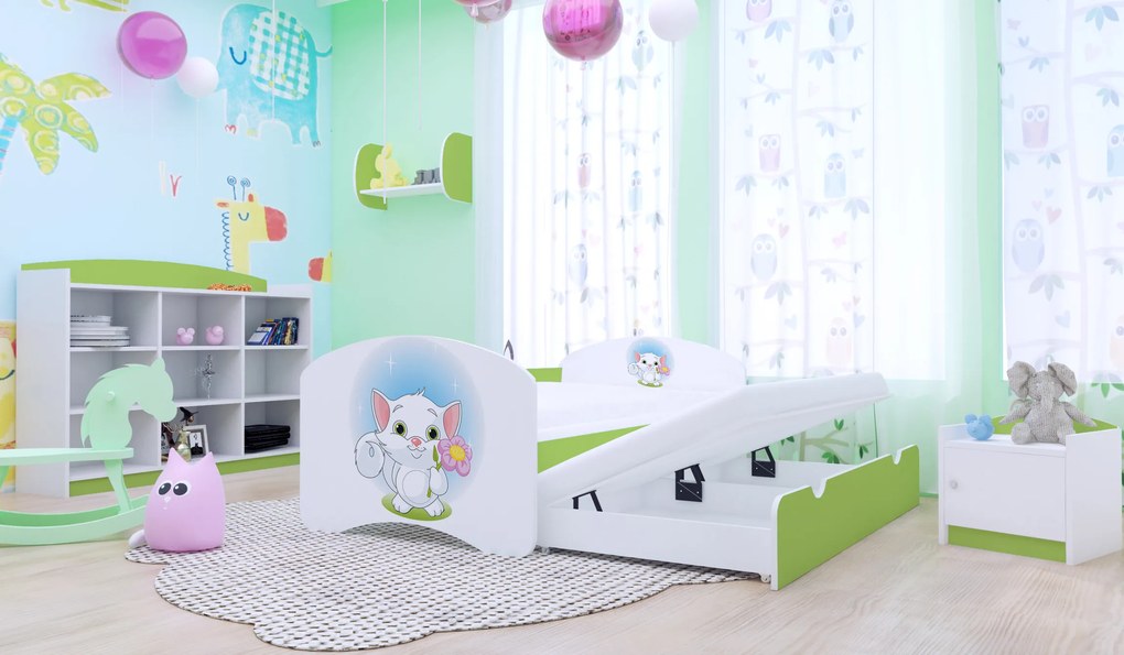Svět pokojů Dětská postel Kevin pro dvě děti - kočička s květinou + matrace zdarma Barva: Bílá, Rozměr: 160x80 cm, Zábrana: NE
