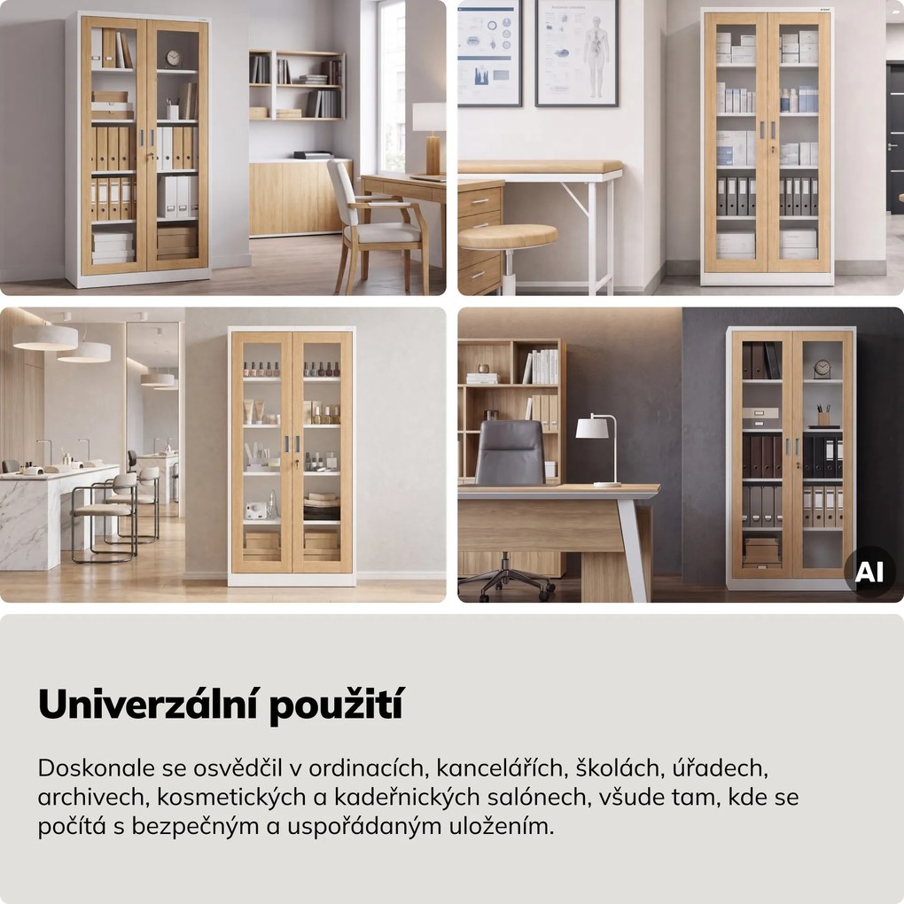 Kovová skříň s vitrínou bílá, dub sonoma, 900x1850x400 mm: AMELIA Eco Design