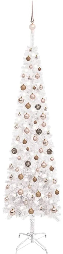 3078064 vidaXL Úzký vánoční stromek s LED diodami a sadou koulí bílý 240 cm