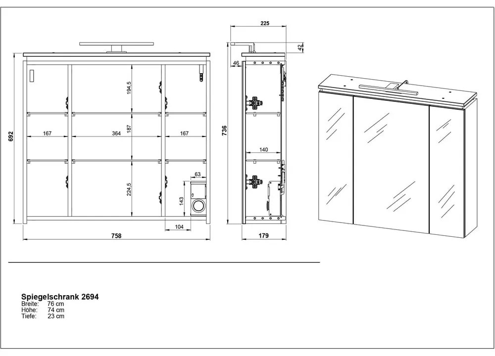 Antracitová koupelnová skříňka se zrcadlem a osvětlením 76x74 cm Modesto – Germania