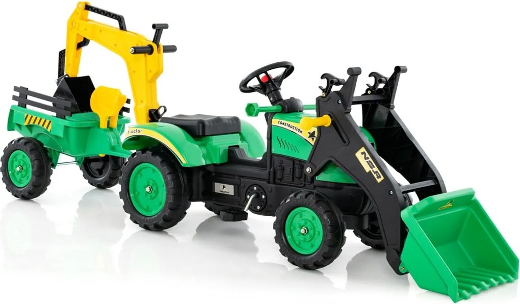 Costway 3 v 1 dětský buldozer s bagrem a 6 koly – 178 × 42 × 60 cm, zelený