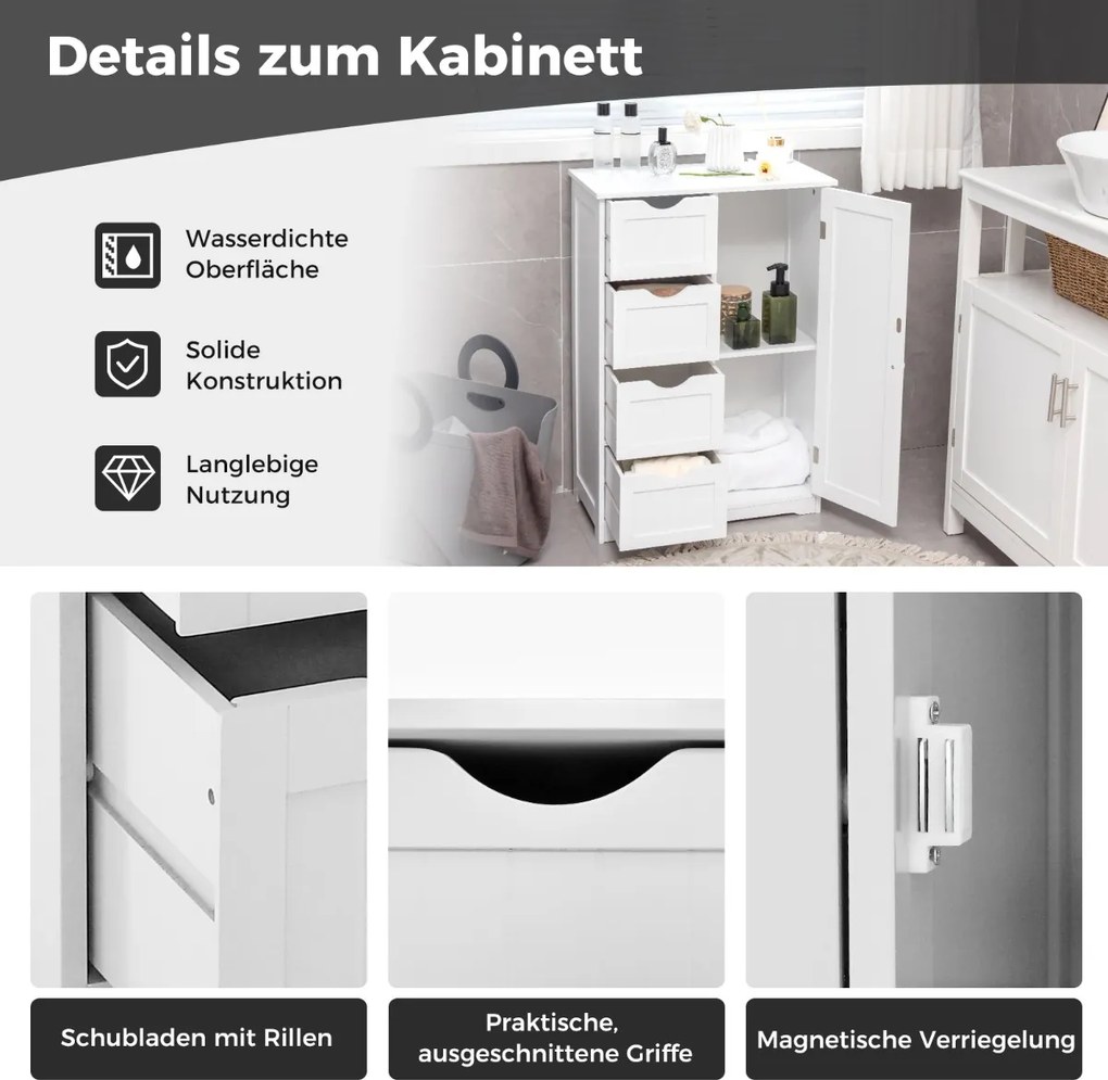 Costway Koupelnová skříňka se 4 zásuvkami a 1 magnetickým zámkem koupelnová