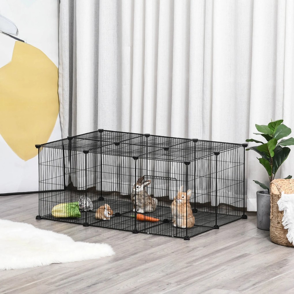 PawHut DIY Výběh pro malé zvířata s 22 síťovými panely a dveřmi pro králíky a morčata 105x70x45 cm Černý