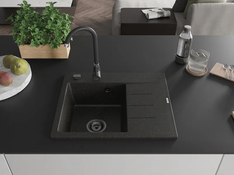 Mexen Ben, 1-komorový granitový dřez 600x500x190 mm, levý + černý sifon, černá-zlatá metalíza, 6522605000-75-B