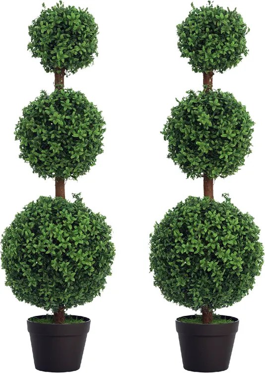 HOMCOM Sada 2 umělých stromů 101,6 cm, 3 kouličkové buxus topiary rostliny, umělá rostlina zelená PE s vnitřním a venkovním květináčem