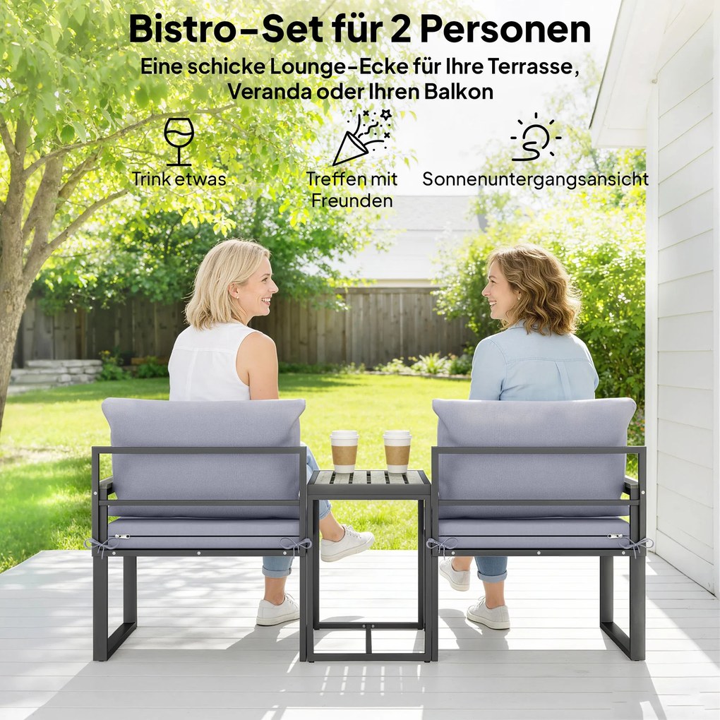 Outsunny 3dílný bistro set na balkon – 2 křesla a stolek, odnímatelné prodyšné polštáře, ocel, šedá