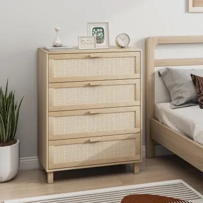 HOMCOM komoda se 4 zásuvkami, ratanový vzor, rozměry 80D x 40Š x 103V cm, MDF světlé dřevo