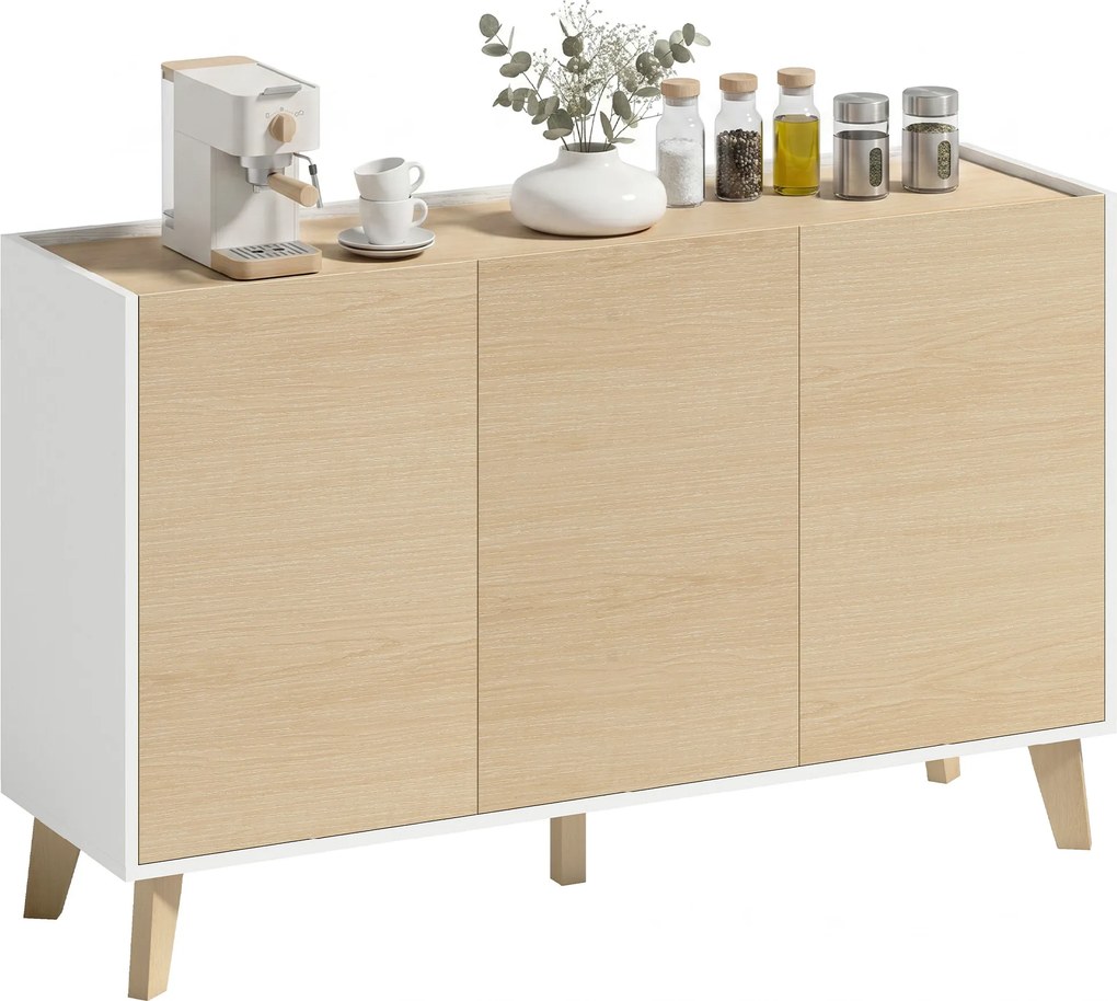 HOMCOM kuchyňské buffet, severský úložný nábytek, 3 dveře se soft-close, 6 přihrádek, přírodní vzhled dřeva a bílá