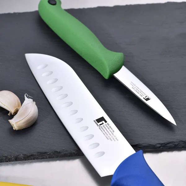 Nůž Santoku z nerezové oceli Bergner / 17,5 cm / modrá