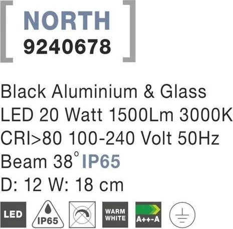 NV 9240678 Venkovní reflektor NORTH černý hliník a sklo LED 20W 3000K 100-240V 38st. IP65 - NOVA LUCE