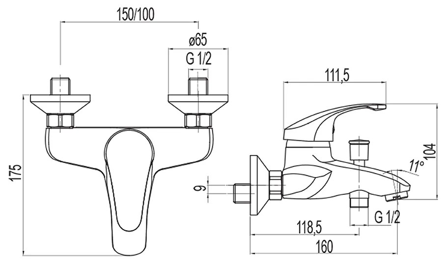 Mereo Sonáta vanová nástěnná baterie 100 mm bez příslušenství mosaz chrom CB901A03N