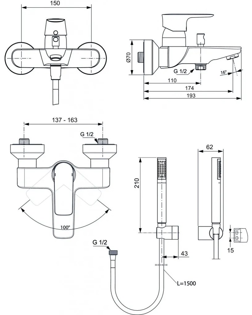 Ideal Standard Connect Air - Vanová baterie nástěnná se sprchovým setem, magnetově šedá A7056A5