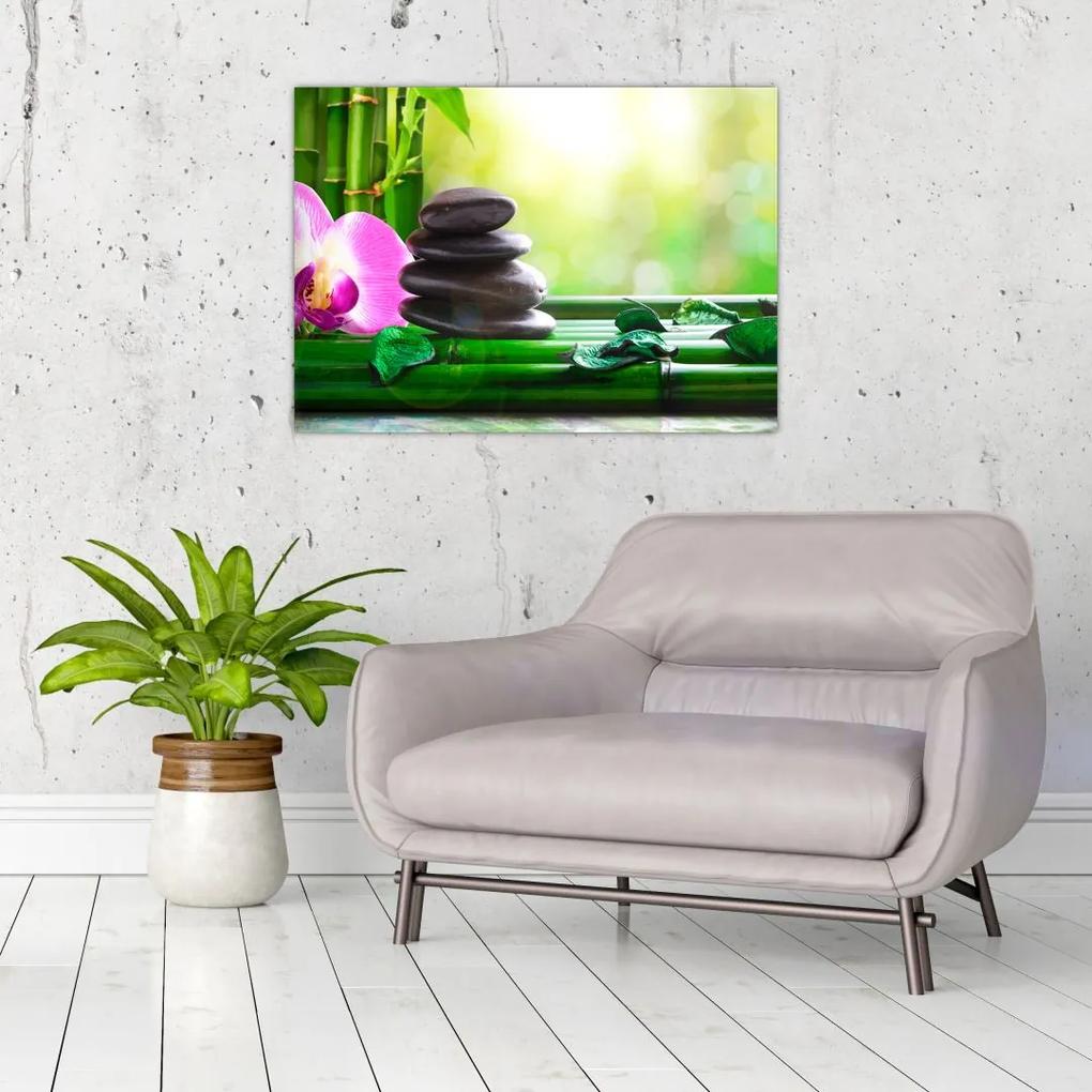 Skleněný obraz masážních kamenů a orchidee na vodě (70x50 cm)