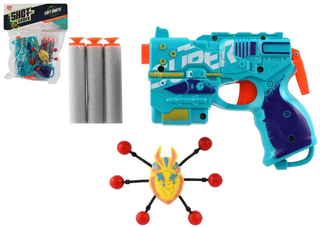 Pistole + pěnové náboje 3ks s přísavkami plast/pěna + mimozemšťan lezoucí po skle v sáčku 18x22x4cm