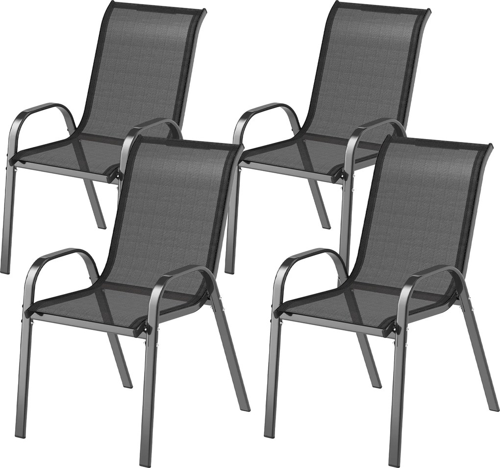 Outsunny Sada 4 Zahradních Židlí pro Exteriér Stohovatelné Terasové Židle s Prodyšnou Tkaninou Ocelový Rám Područky a Vysoké Opěradlo 54x71x93 cm Čern