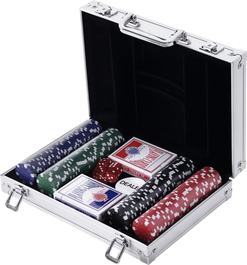 Pokerový kufřík HOMCOM s 200 žetony, 2 balíčky karet a 5 kostkami v hliníkovém kufříku, 29,5x20,5x6,5 cm, ideální pro herní večery