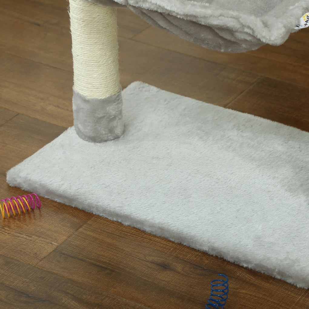 Kočičí strom PawHut se 3 škrabacími sloupy, přírodní sisal, platforma, houpací síť a závěsná míčková hračka, rozměry 50 x 26 x 70 cm, krátký plyš, sv…