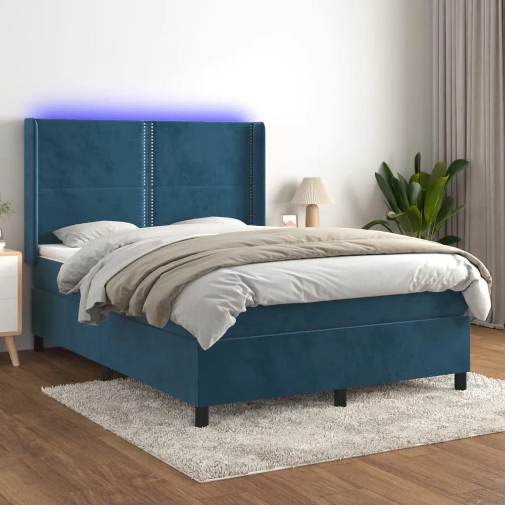 Box spring postel s matrací a LED tmavě modrá 140x200 cm samet,  3139509