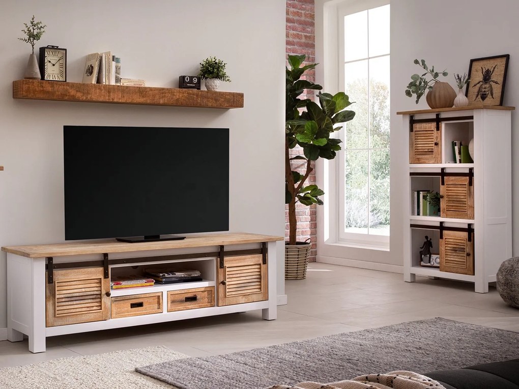 furniture-nabytek.cz - Masivní knihovna Caprino z borovicového dřeva a MDF, lakovaná, bílá a hnědá