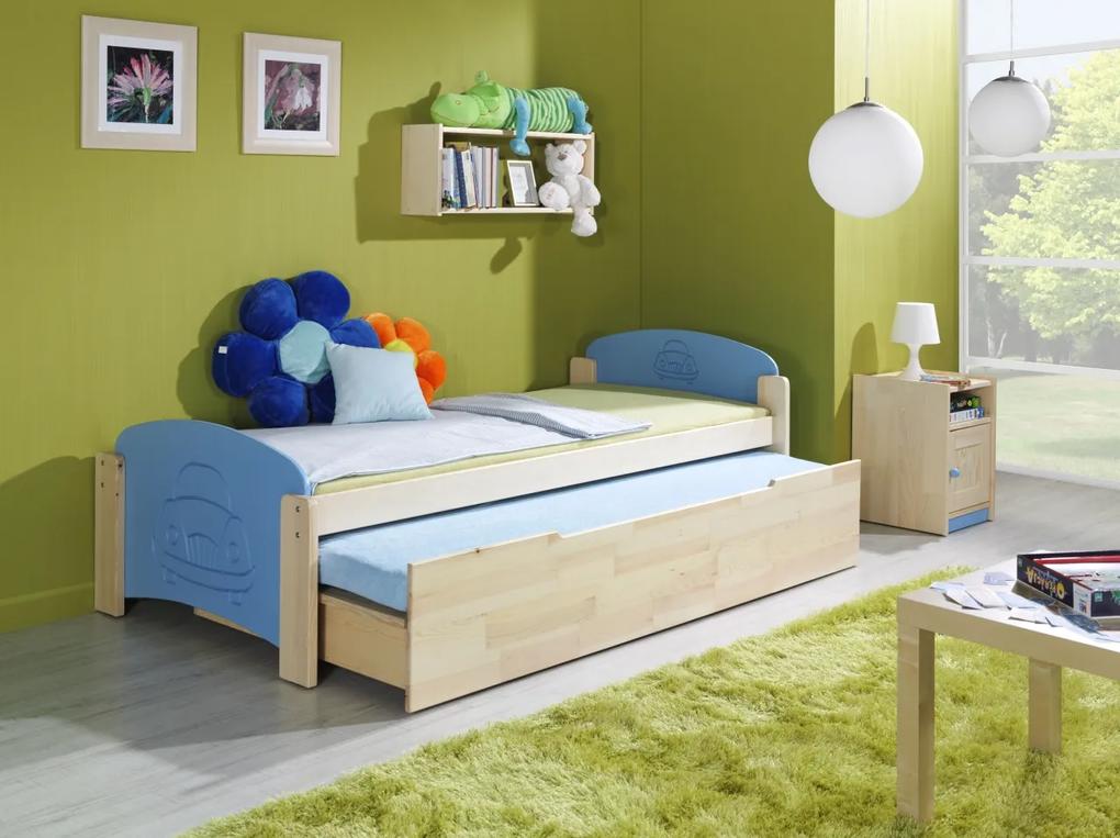 Rozkládací postel Jas 2 Přírodní borovice, Modrá, 2 ks matrace (1 ks hlavní + 1 ks přistýlka)