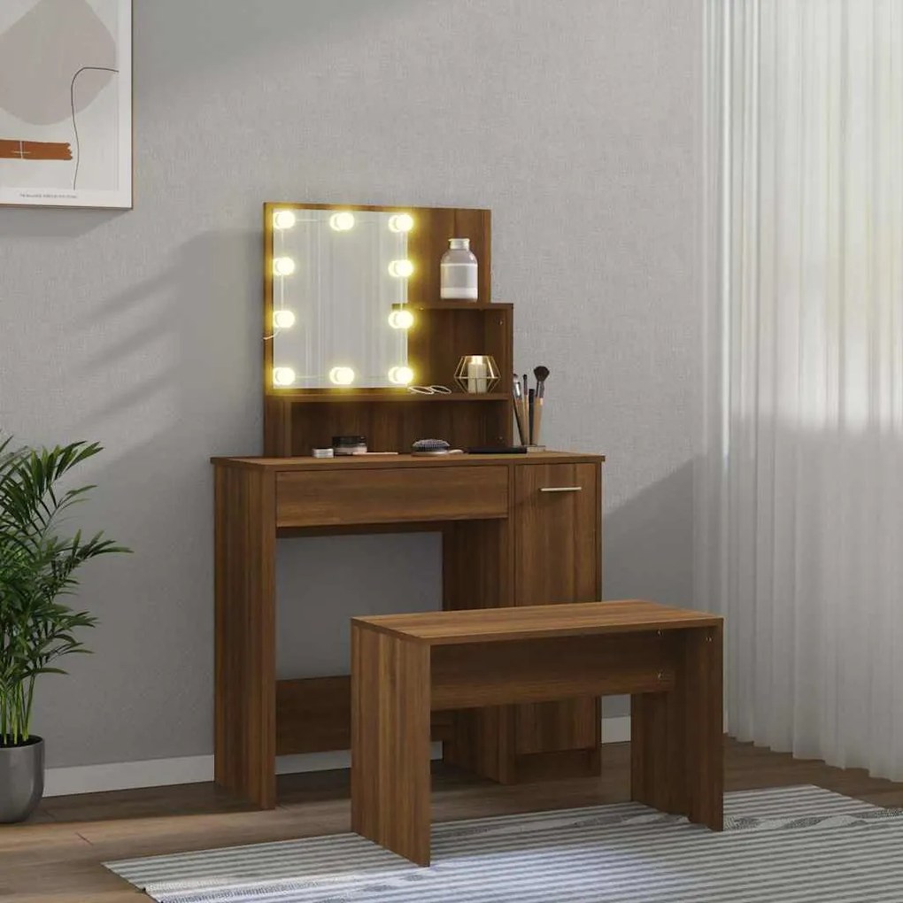 Toaletní stolek sada s LED hnědý dub kompozitní dřevo 3114122
