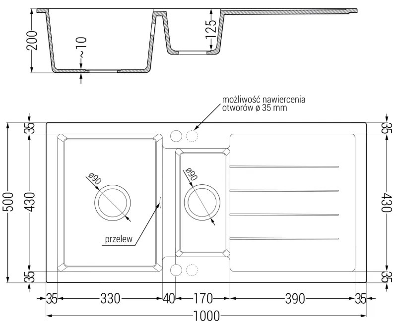 Mexen Andres, granitový dřez 1000x500x200 mm, 1,5-komorový a dřezová baterie Carla, černá-zlatá metalíza, 6515-75-670700-50-B