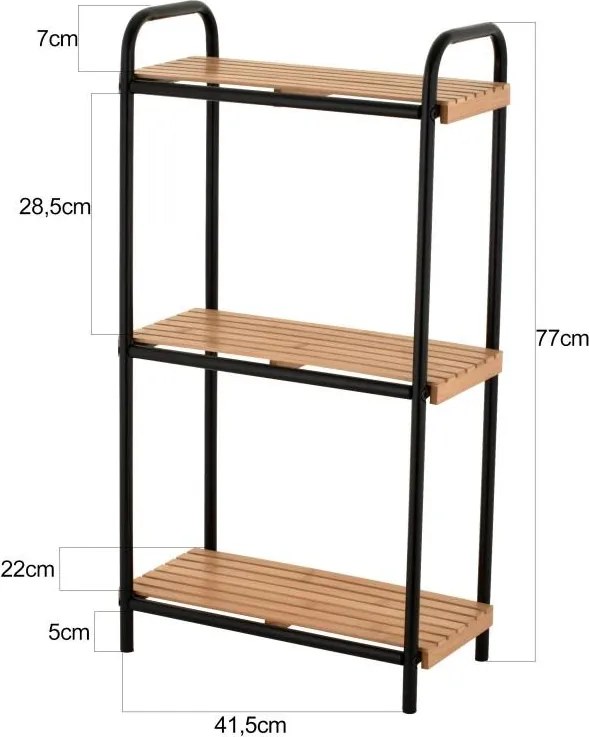 Erga Mike, kovový koupelnový třípolicový regál pro postavení 41,5x11x77 cm, černá-přírodní hnědá, ERG-YKA-P.MIKE