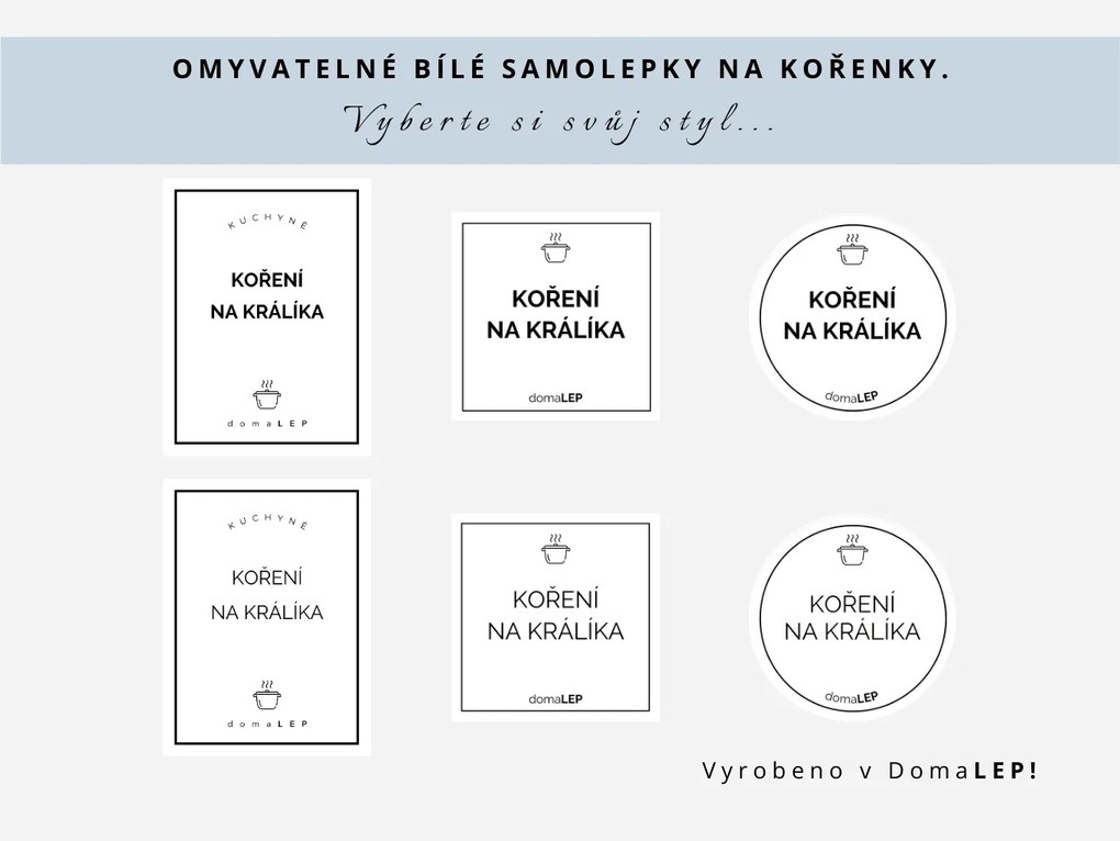 KOŘENÍ NA KRÁLÍKA - omyvatelná samolepka na kořenky, výběr rozměrů Ø 5 cm / 5 x 5 cm / 6 x 8 cm | DomaLEP tvar: ČTVEREC, barva: BÍLÁ - ČERNÉ písmo, velikost: š. 5 cm x v. 5 cm - tučné písmo