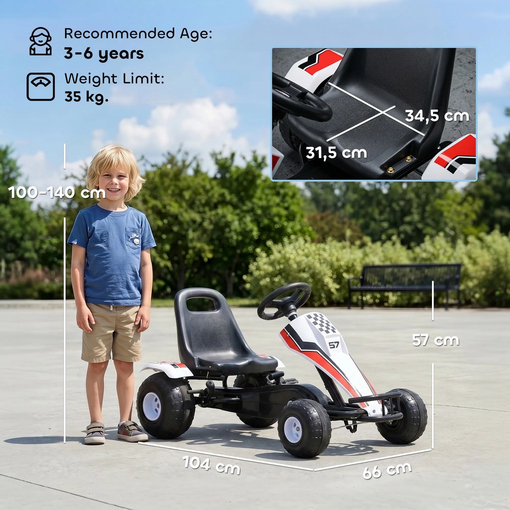 HOMCOM Motokára pro děti šlapací auto s pedály a brzdami 104x66x57cm z oceli pro děti od 3 do 8 let v bílé barvě | Aosom.de