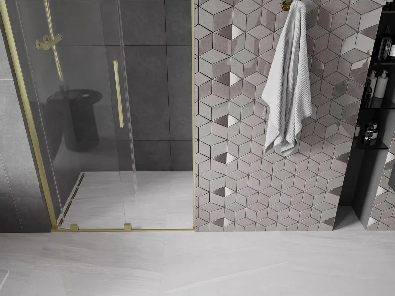 Mexen Velar L, posuvné sprchové dveře do otvoru 110 cm, 8mm čiré sklo, zlatá matná, 871-110-003-01-55