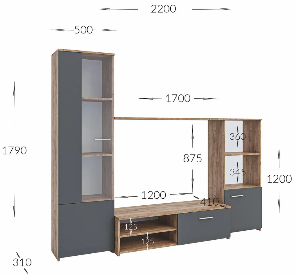 Obývací stěna JUKA šedý grafit/dub craft tabaco